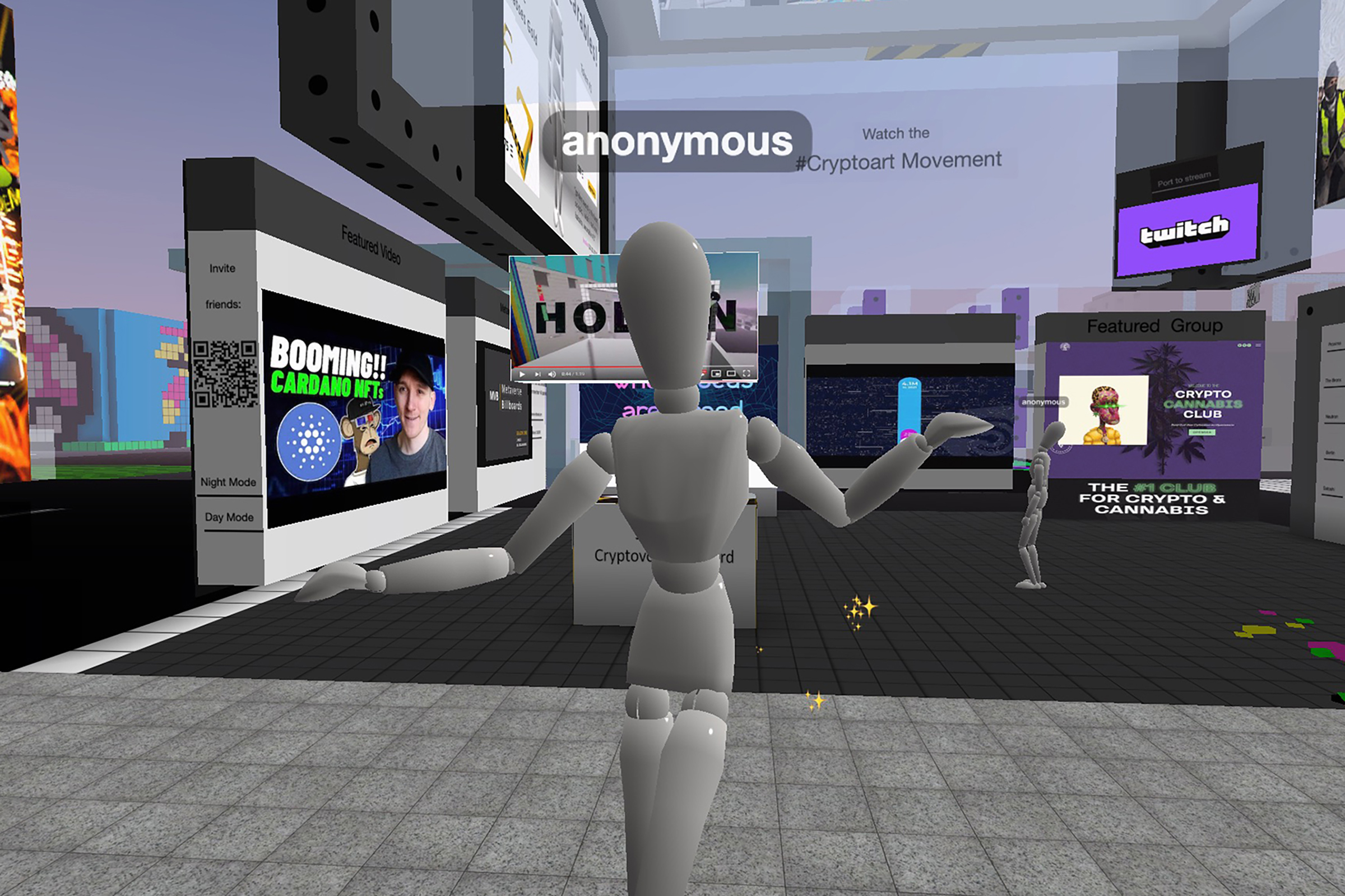 A view of branded real estate in the virtual world of Cryptovoxels.