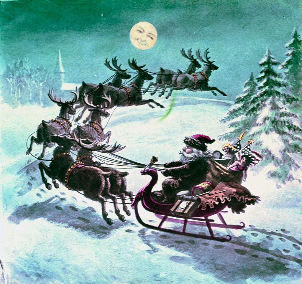 Clement Moore's 'Visit From St. Nicholas' with Santa riding sleigh